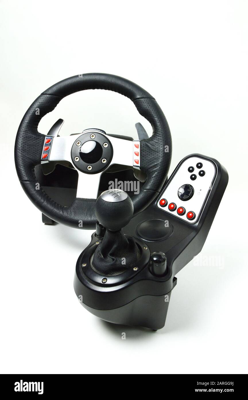 A racing wheel for the racing video games and racing simulators Stock ...