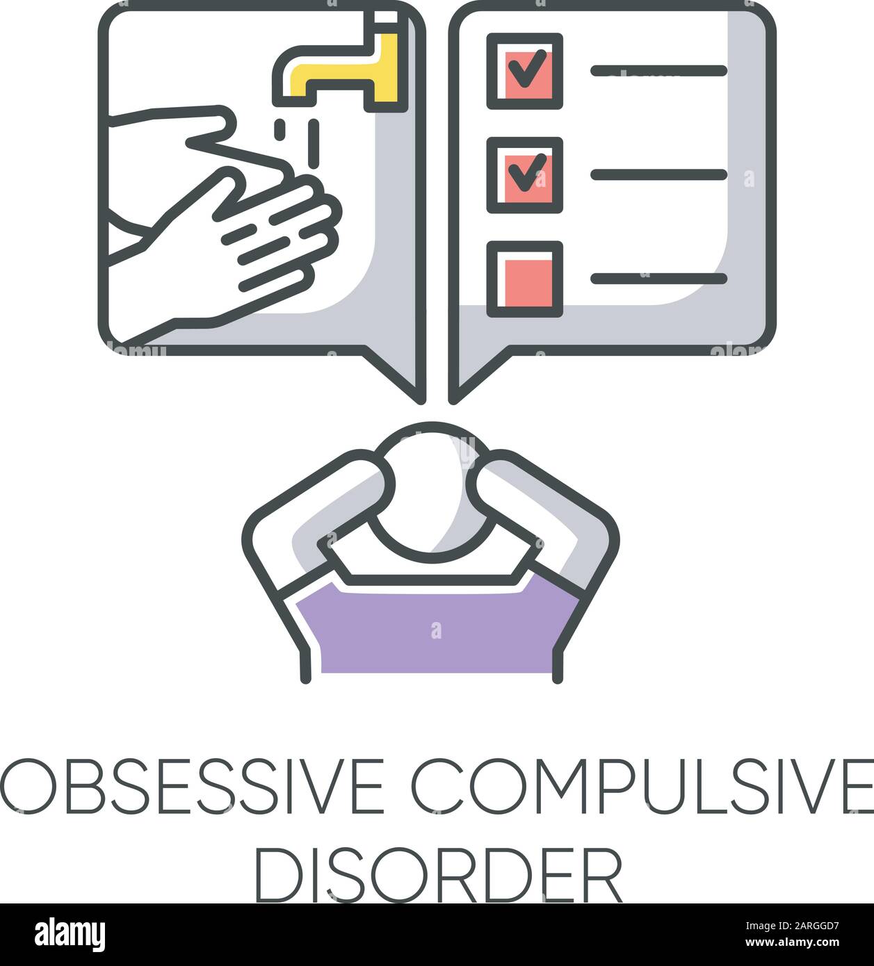 Obsessive-compulsive disorder color icon. Disturbed man. Thinking under ...