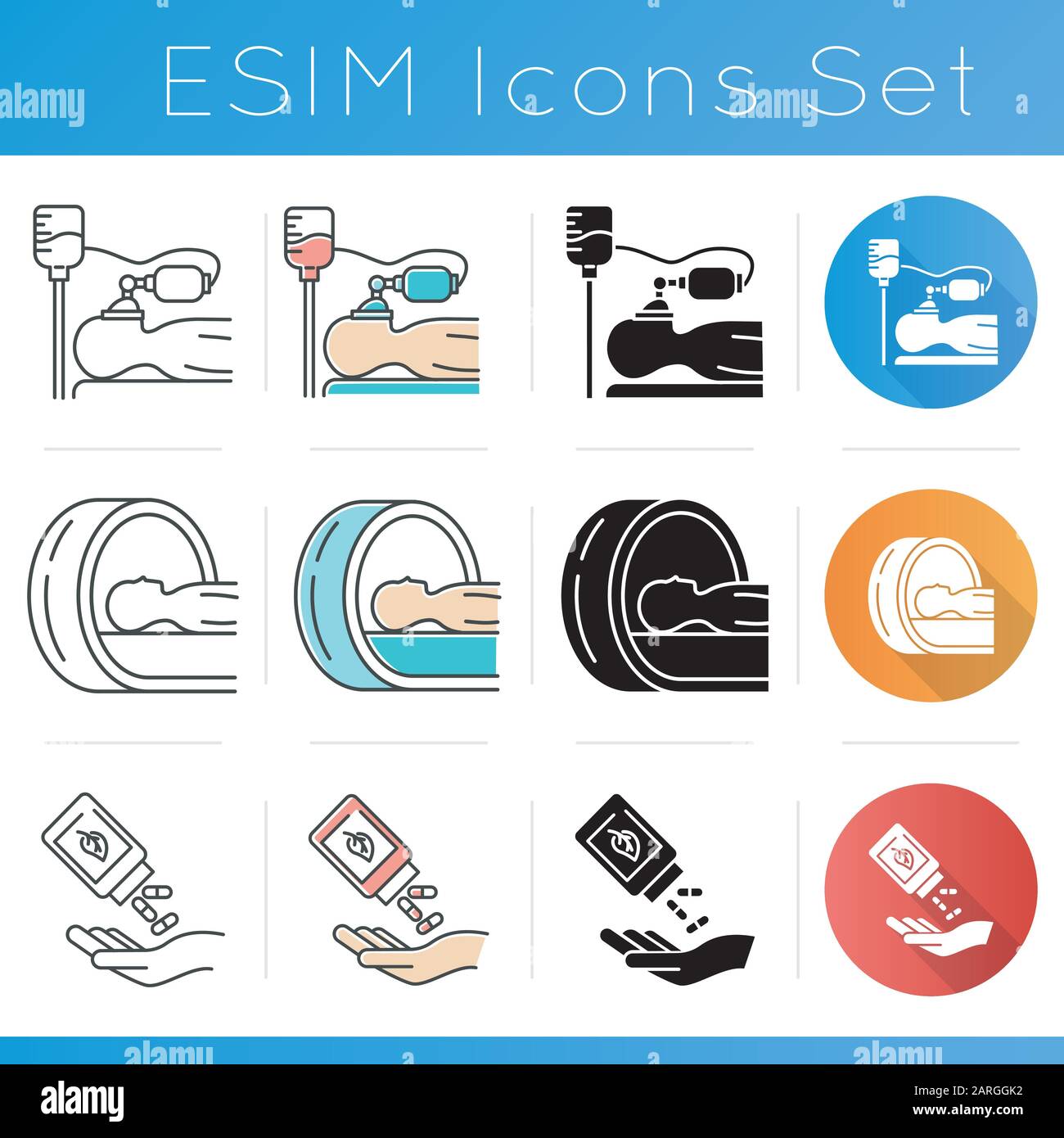 Medical procedure icons set. Anesthesia. Tomography. Homeophaty. Brain ...