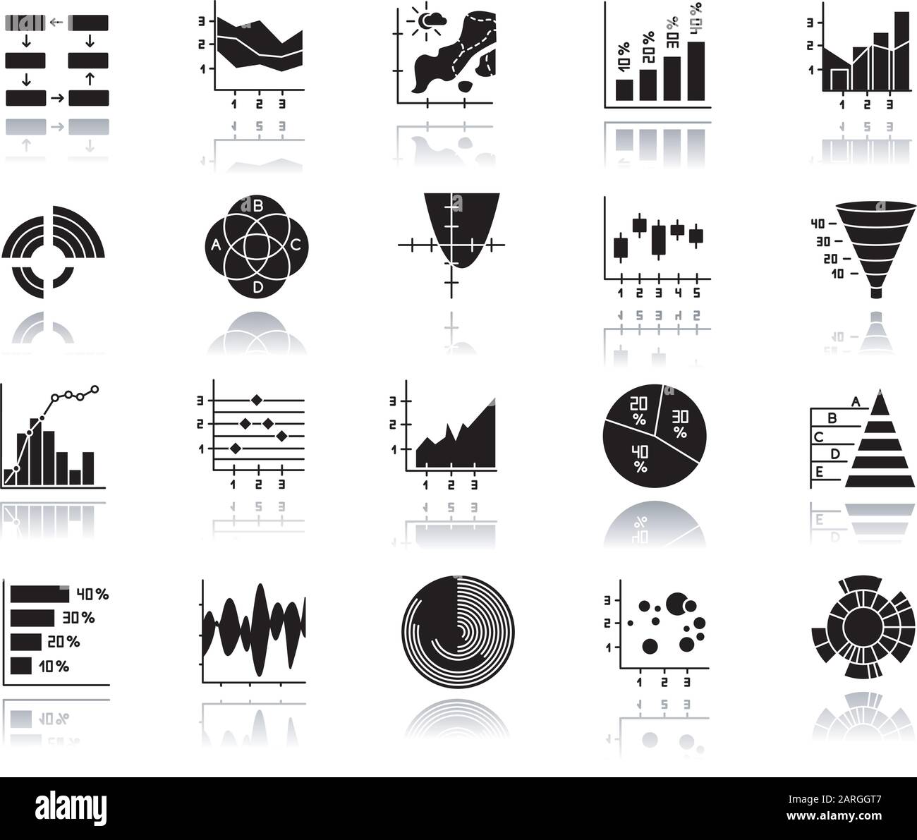Chart and graph drop shadow black glyph icons set. Pie, Venn diagram ...