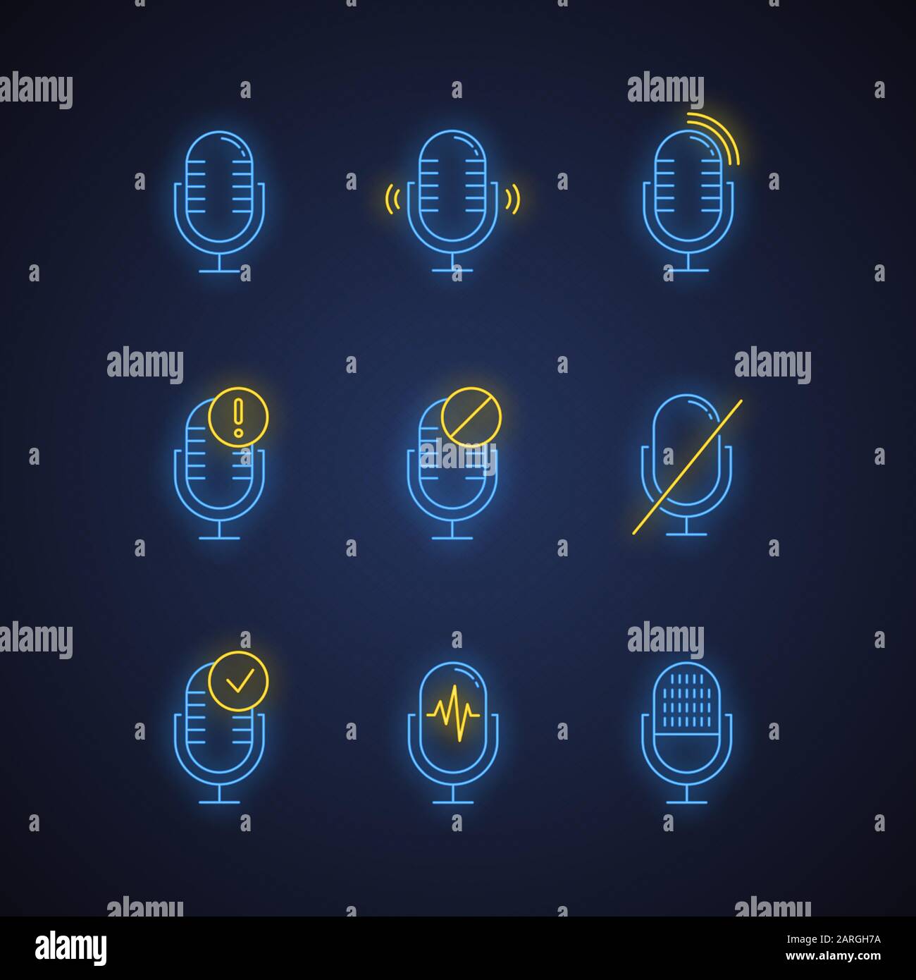 Microphone connection problem neon light icons set. Sound recorders ...