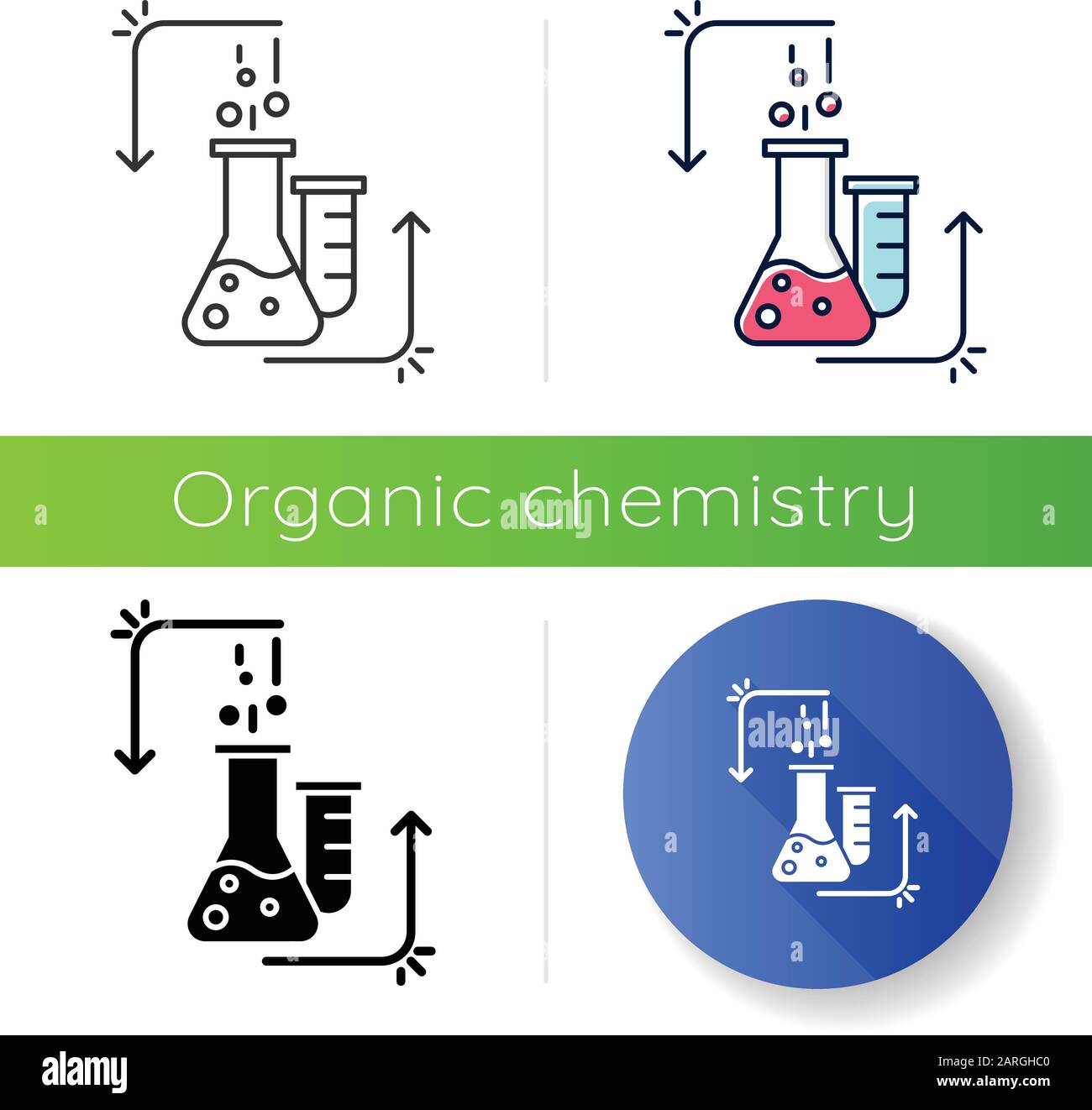 Chemical reaction in lab flask icon. Organic chemistry. Conducting ...