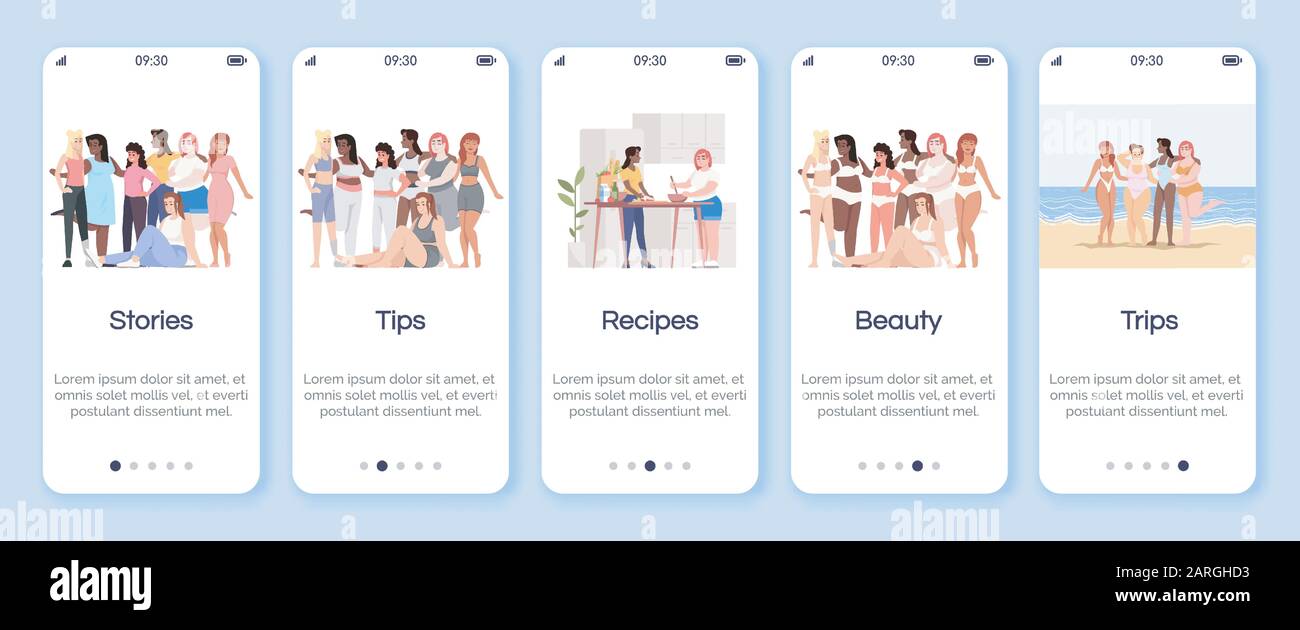 Body Positive Onboarding Mobile App Screen Vector Template Stories Tips And Recipes Beauty