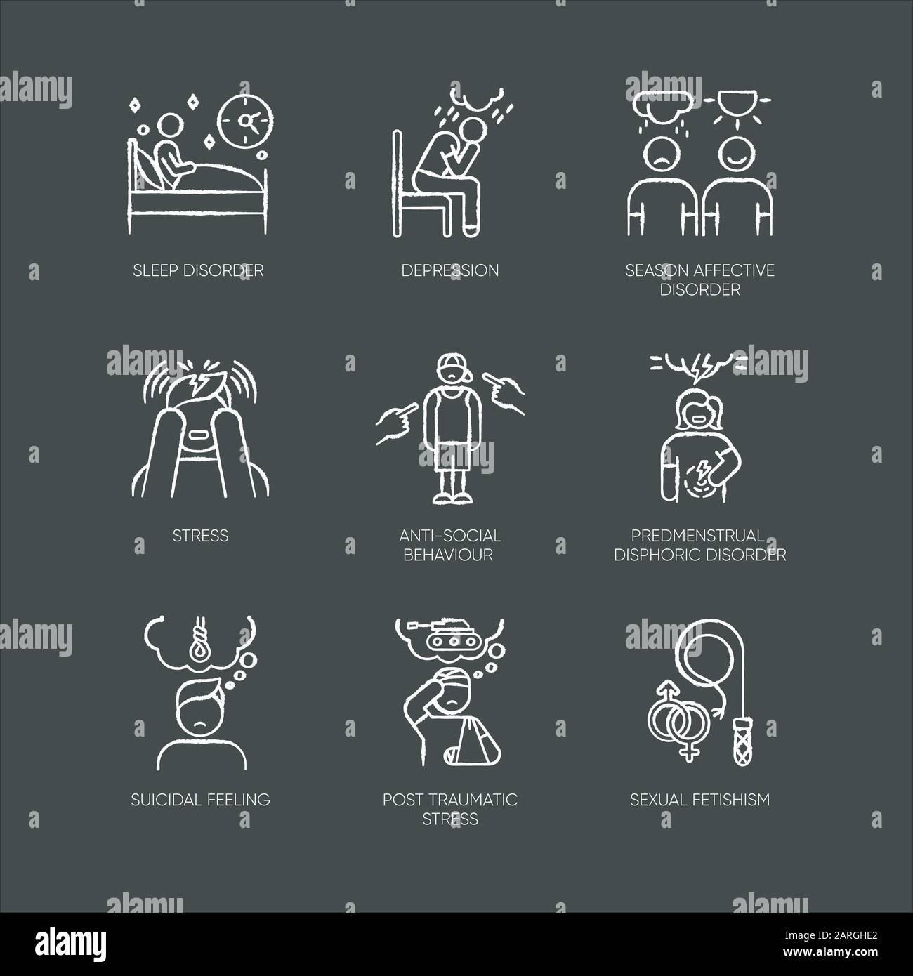 Mental disorder chalk icons set. Depression. Season affective disorder ...