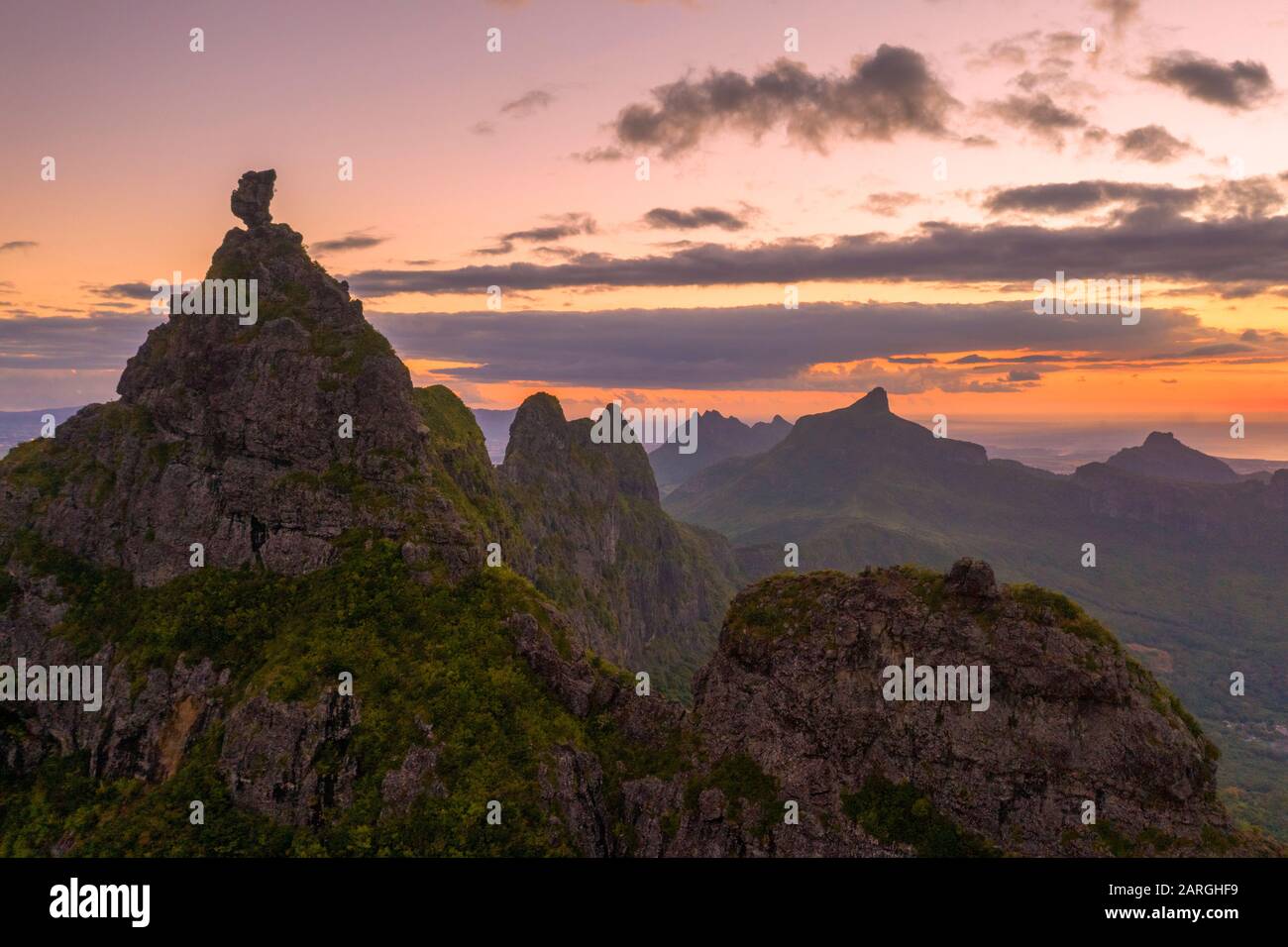 Le Pouce mountain at sunset, aerial view, Moka Range, Port Louis ...