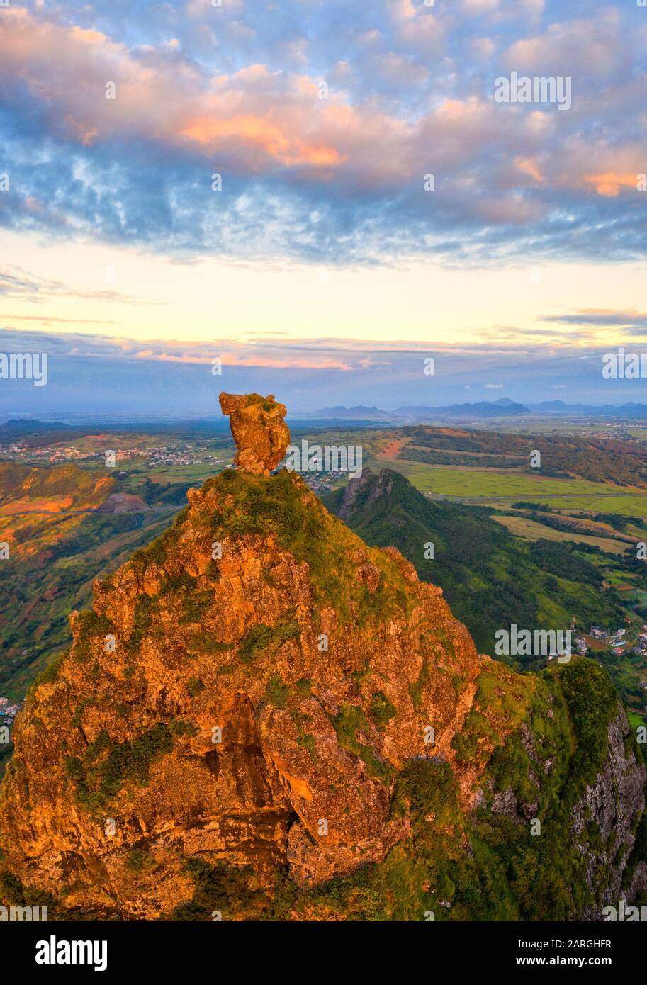Le Pouce mountain and Pieter Both at sunset, aerial view, Moka Range ...