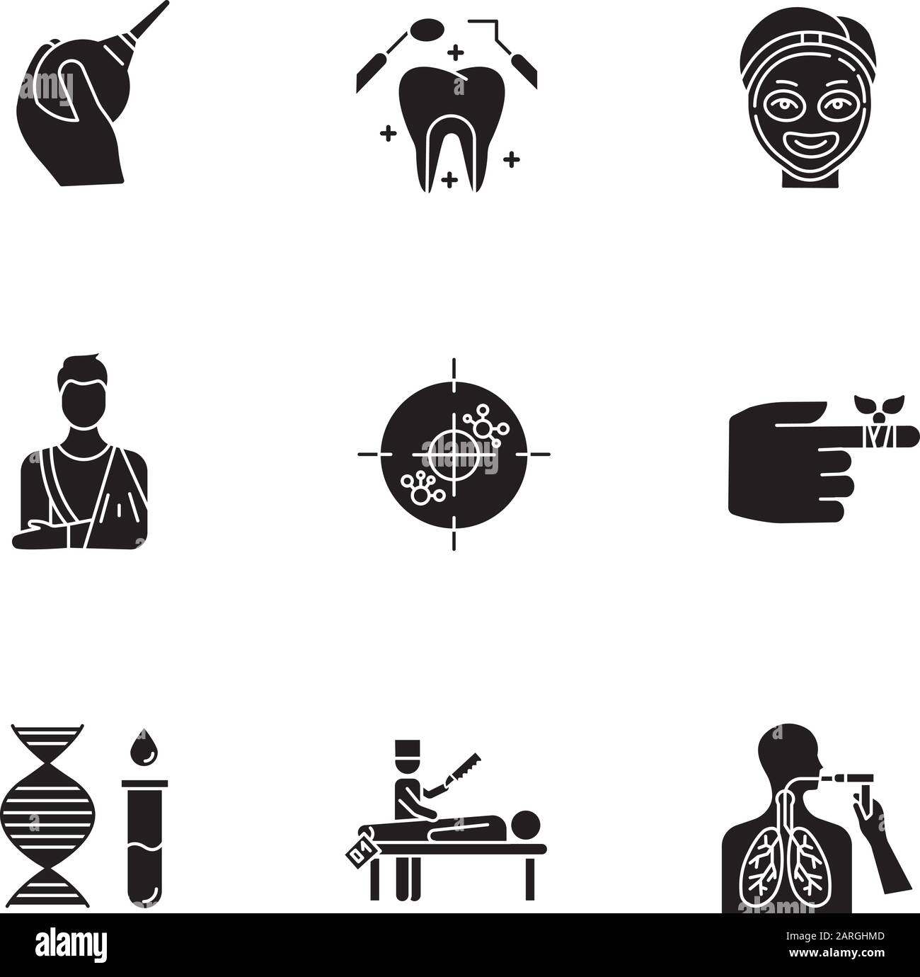 Medical procedure glyph icons set. Healthcare. Orthopedic cast ...