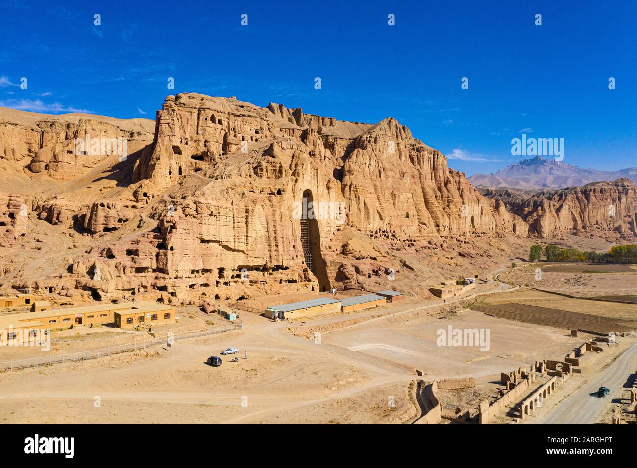 Aerial by drone of the site of the great Buddhas in Bamyan (Bamiyan ...
