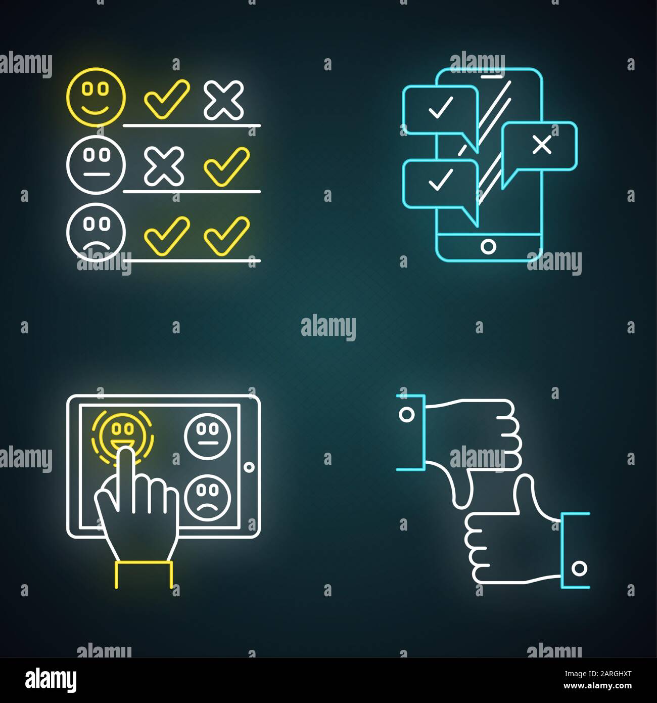 Survey neon light icons set. Pick satisfaction level. Positive ...