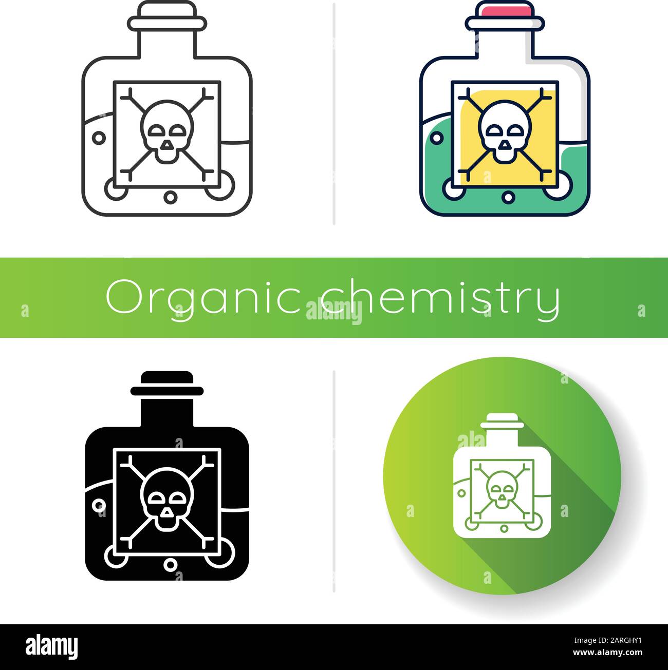 Poison icon. Hazardous chemicals. Green poison in bottle. Organic ...