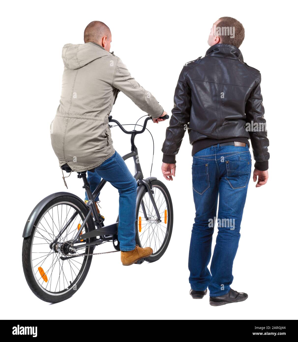 Back view of two man on a bicycle in winter jacket. Rear view people ...