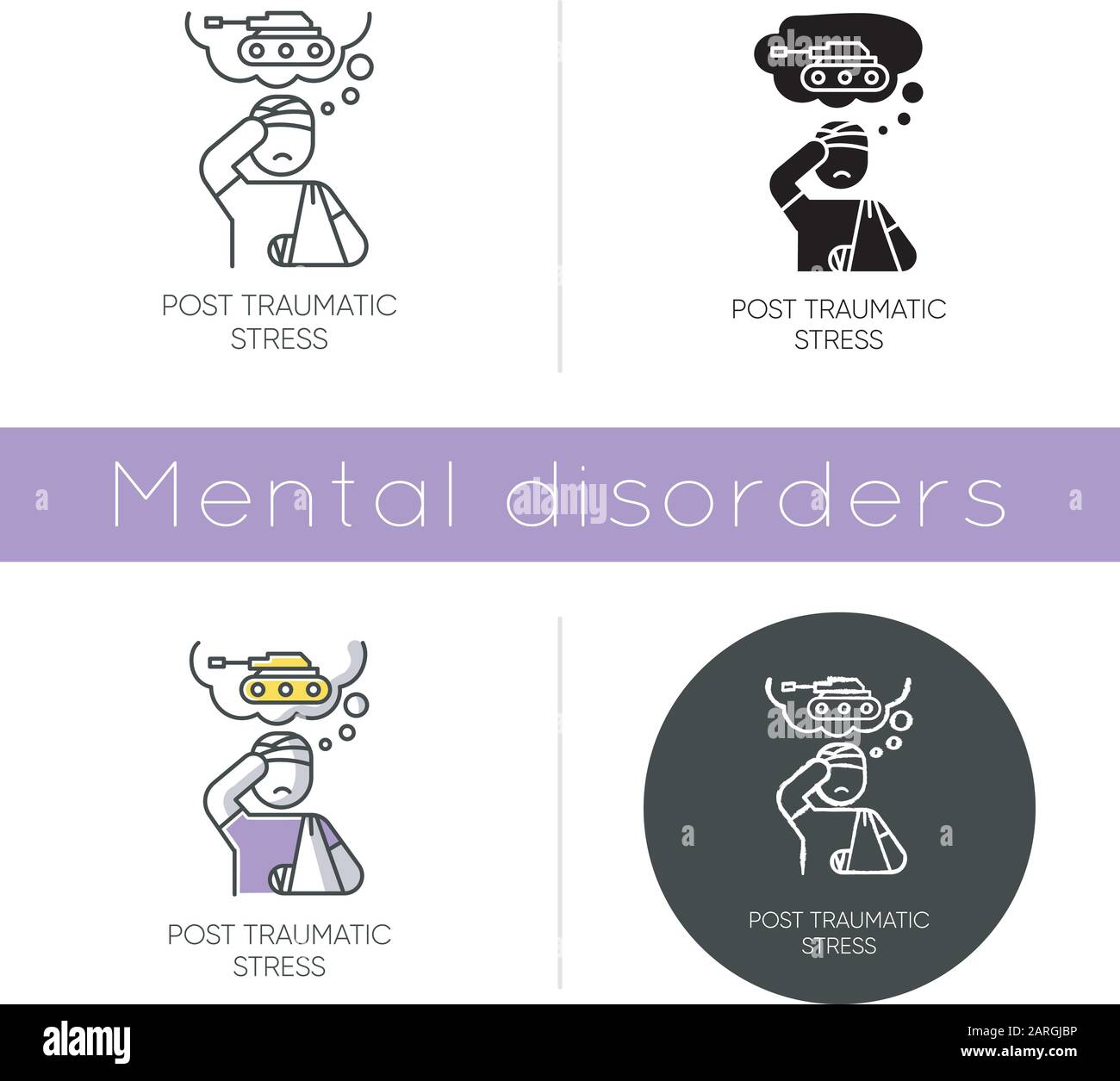 Post-traumatic stress icon. Veteran with anxiety. Depressed soldier ...