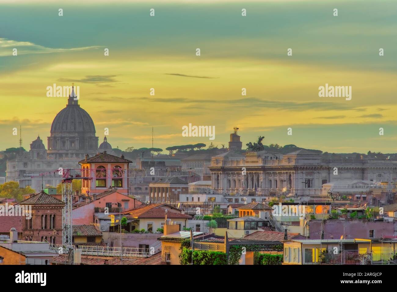Rooftops landscape panorama with traditional low-rise buildings and St ...