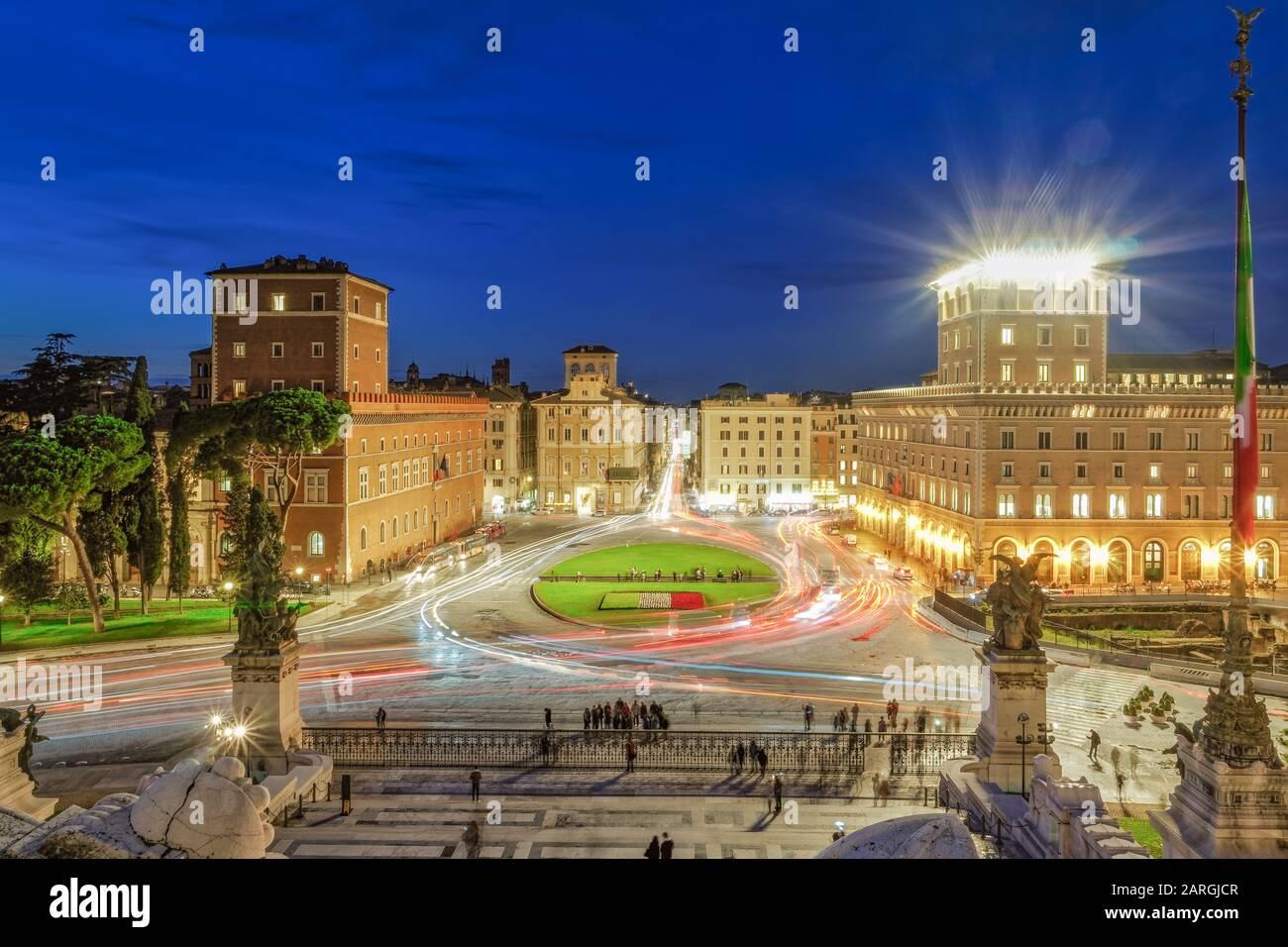 Piazza Venezia (Venice Square) with traffic at blue hour elevated view ...