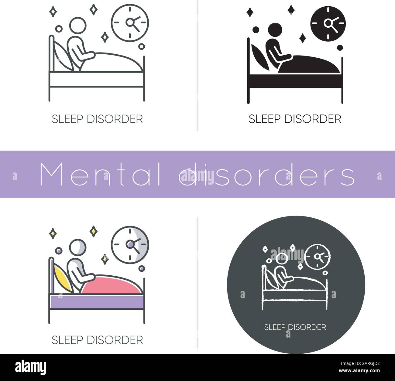 Sleep deprivation icon. Insomnia. Man alone in bed. Awake at night ...