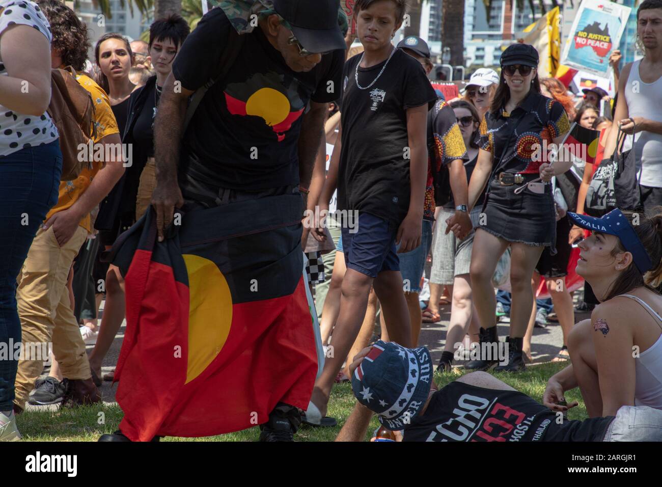 Perth, Australia. 26th January 2020.Invasion Day protester seen in ...