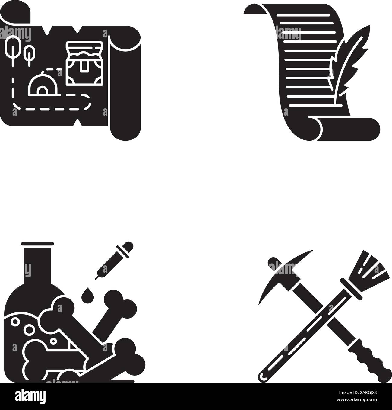 Archeology glyph icons set. Treasure map. Ancient manuscript. Lab ...