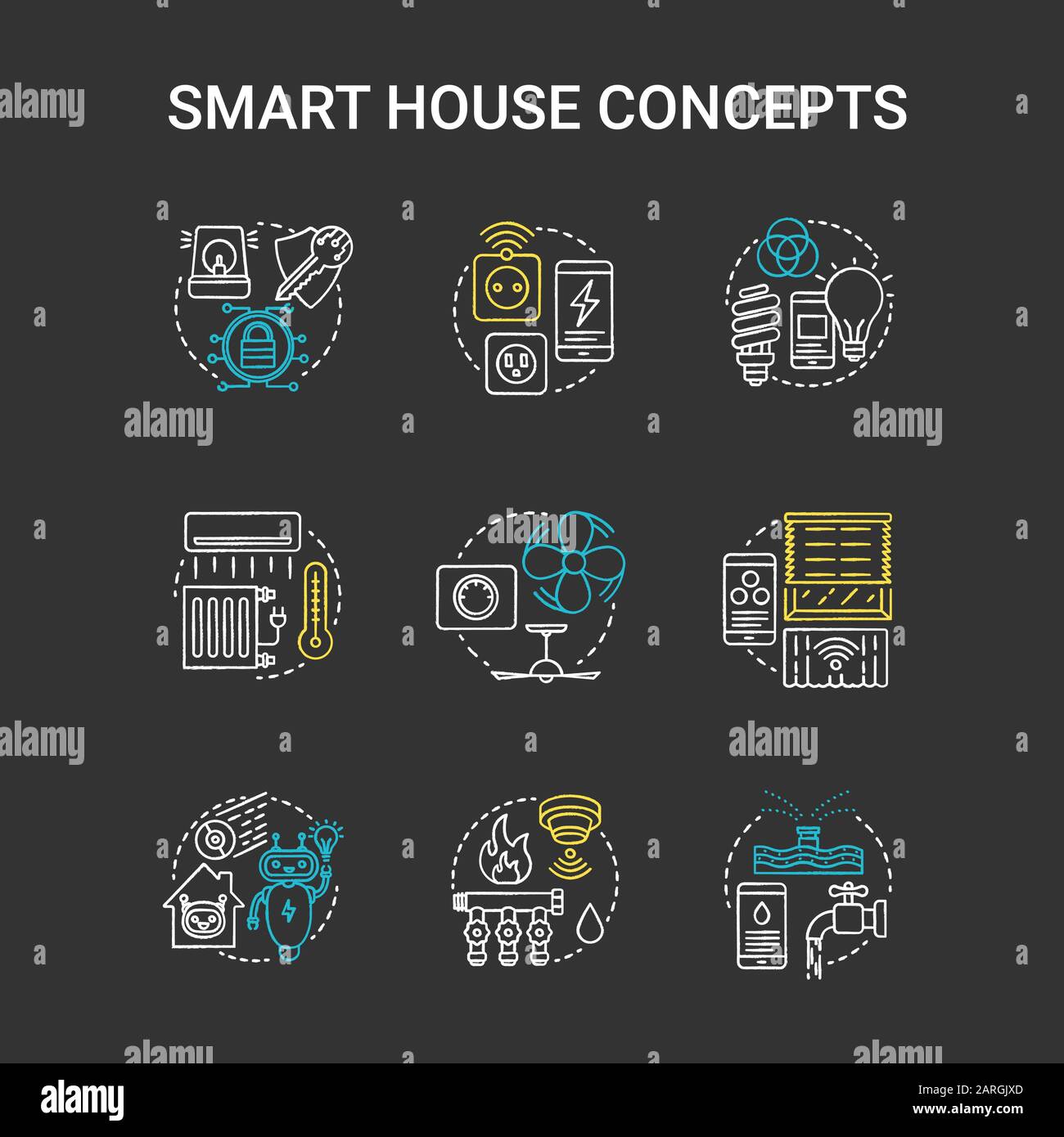Smart house chalk concept icons set. Innovative technology for apartments idea. Smoke detectors ...