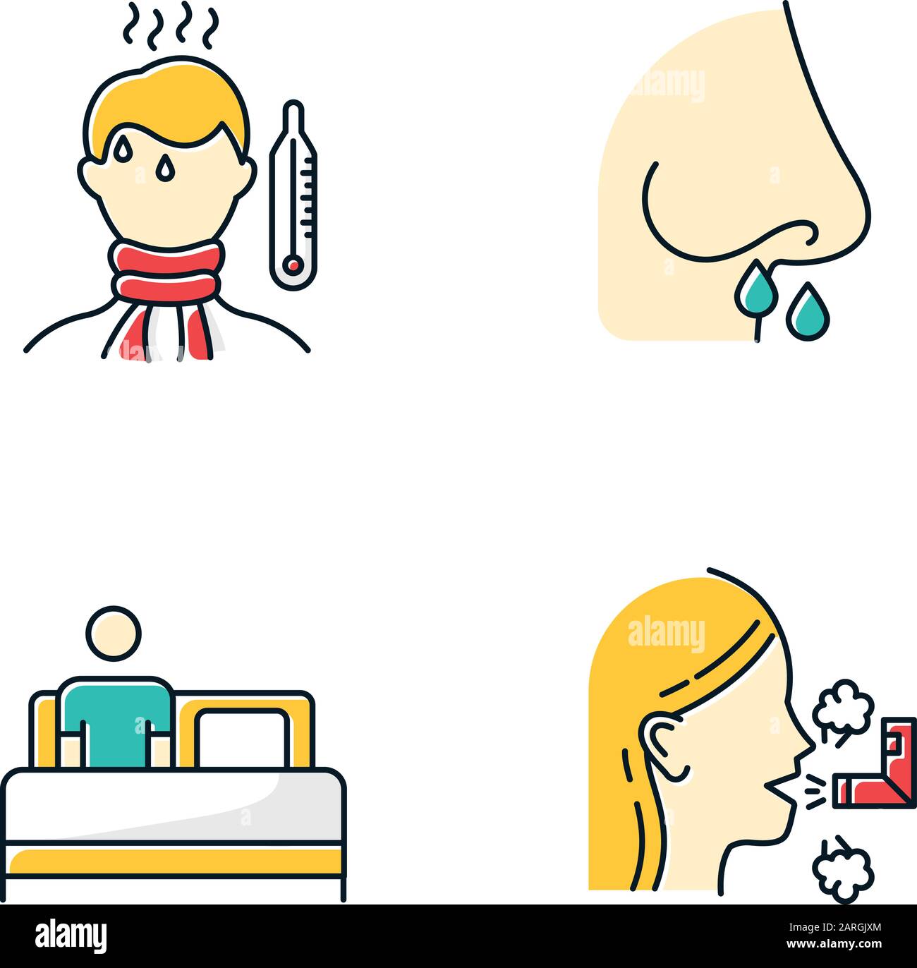Common cold color icons set. Fever and high temperature. Drip nose ...