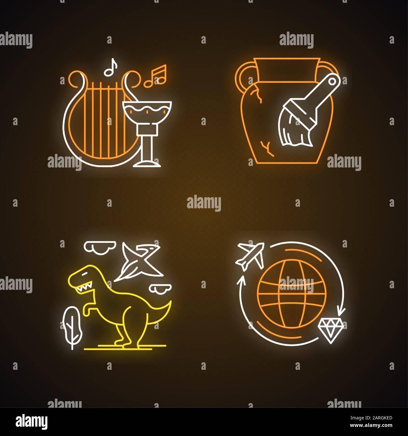 Archeology neon light icons set. Ancient culture. Lyre and goblet ...