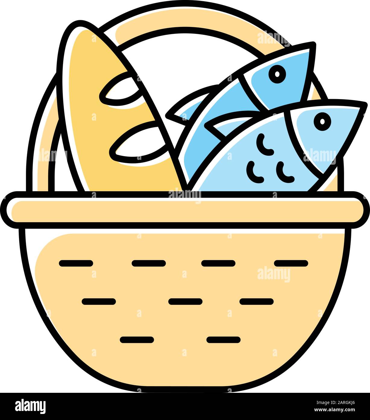 Bread and fish in basket yellow color icon. Feeding the multitude. Holy ...
