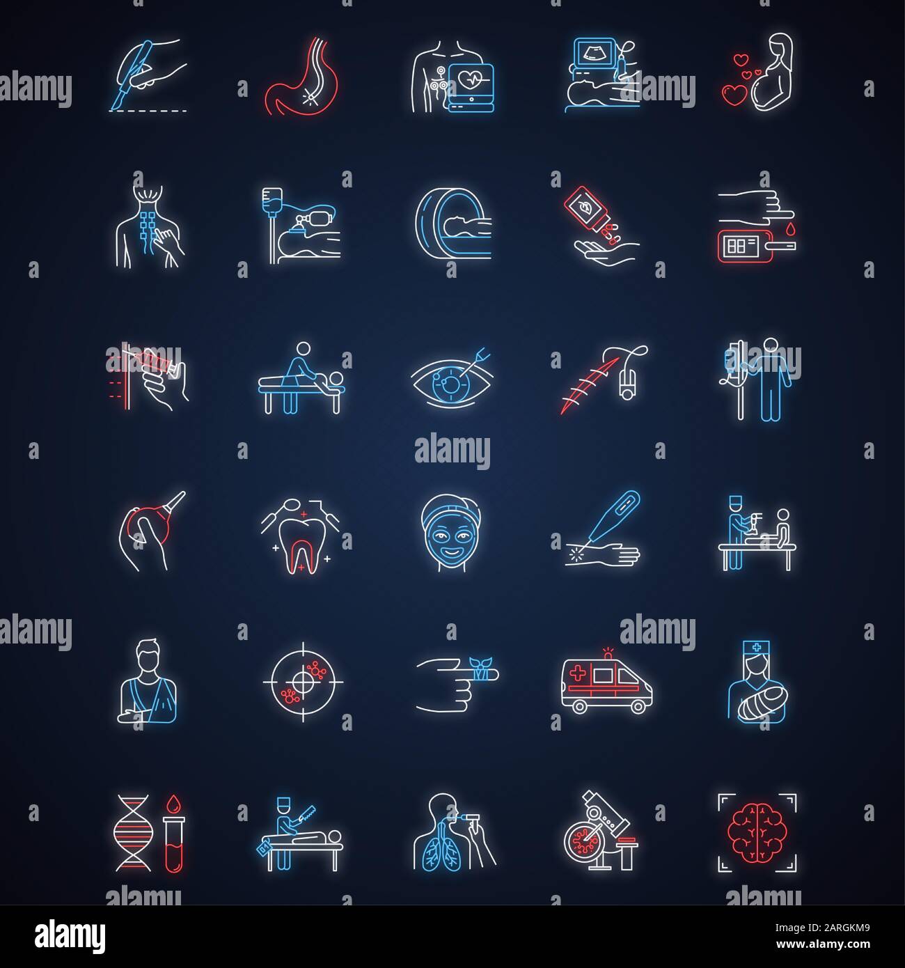 Medical procedure neon light icons set. Surgery. Endoscopy. Brain scan ...