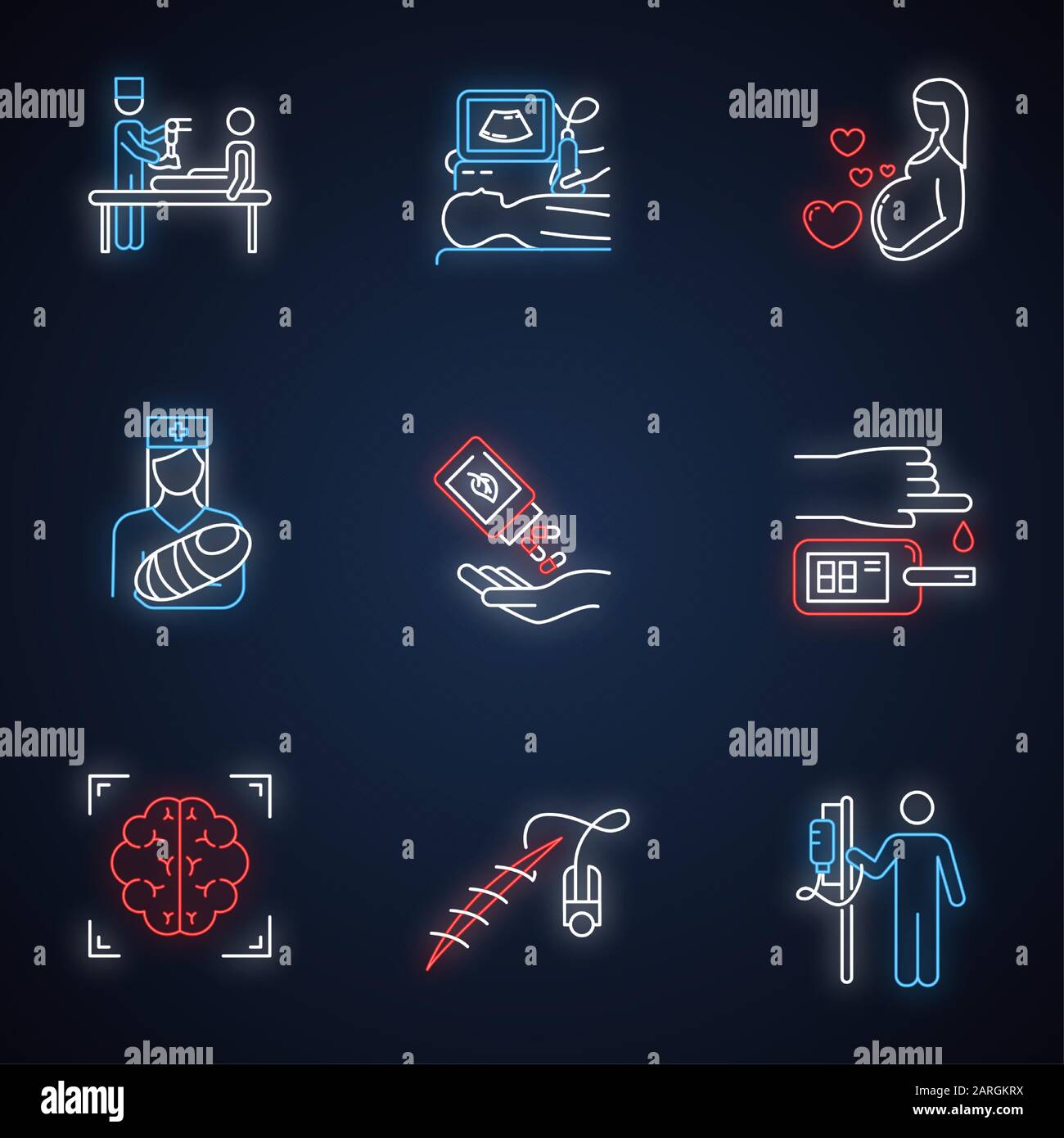 Medical procedure neon light icons set. Prosthetics. Ultrasound ...