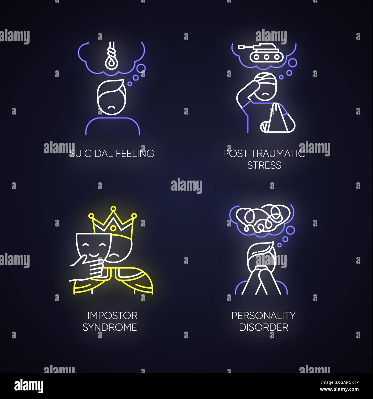 Mental disorder neon light icons set. Suicidal feeling. Post traumatic ...