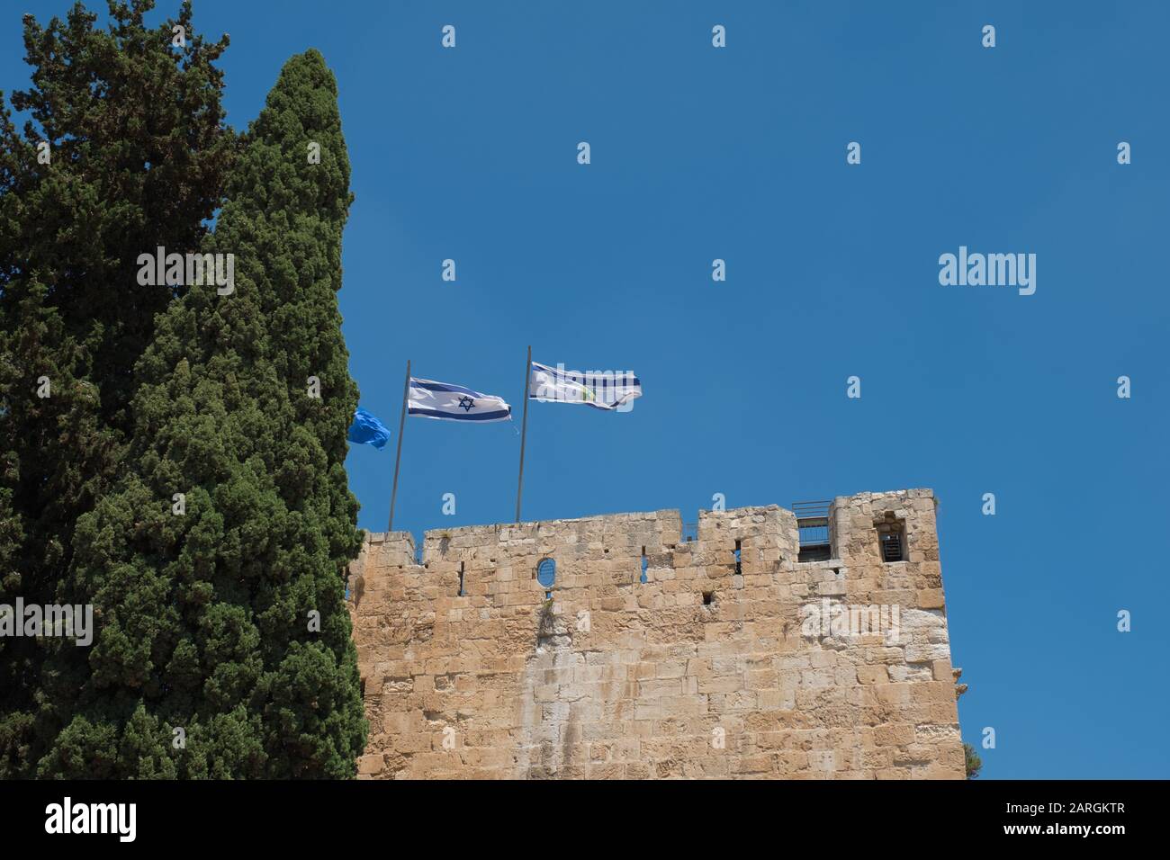 The flags of Israel, Jerusalem and the Tower of David on the Tower of ...