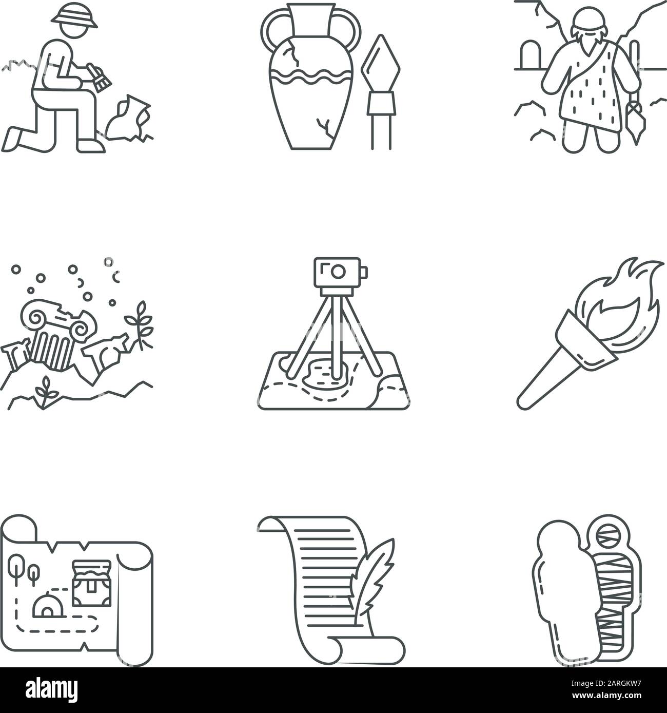Archeology linear icons set. Excavation. Caveman. Ruins. Filed survey ...