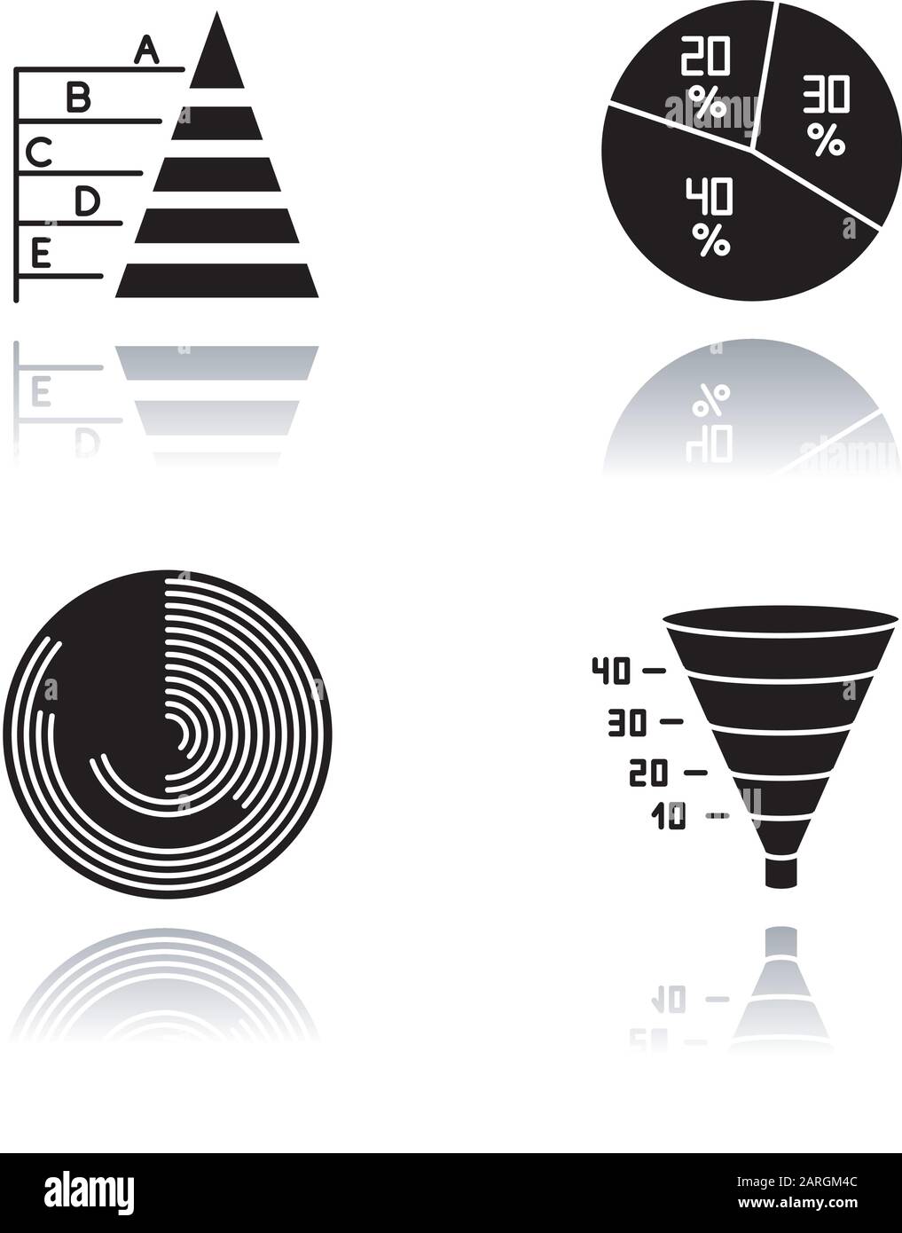 Chart and graph drop shadow black glyph icons set. Pie diagram. Pyramid ...