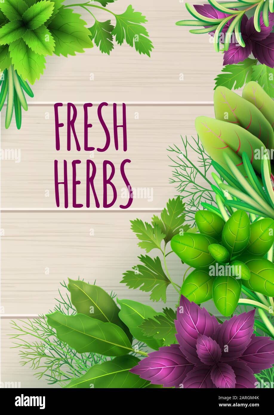 Vertical banner with realistic fresh herbs on wooden board background ...