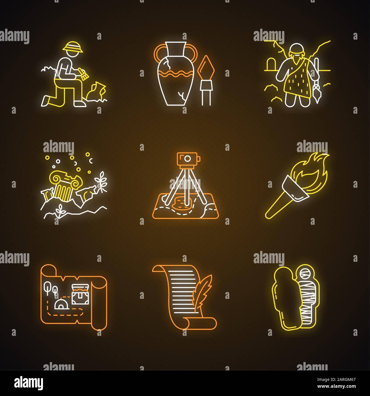 Archeology neon light icons set. Excavation. Archeologist. Ancient ...