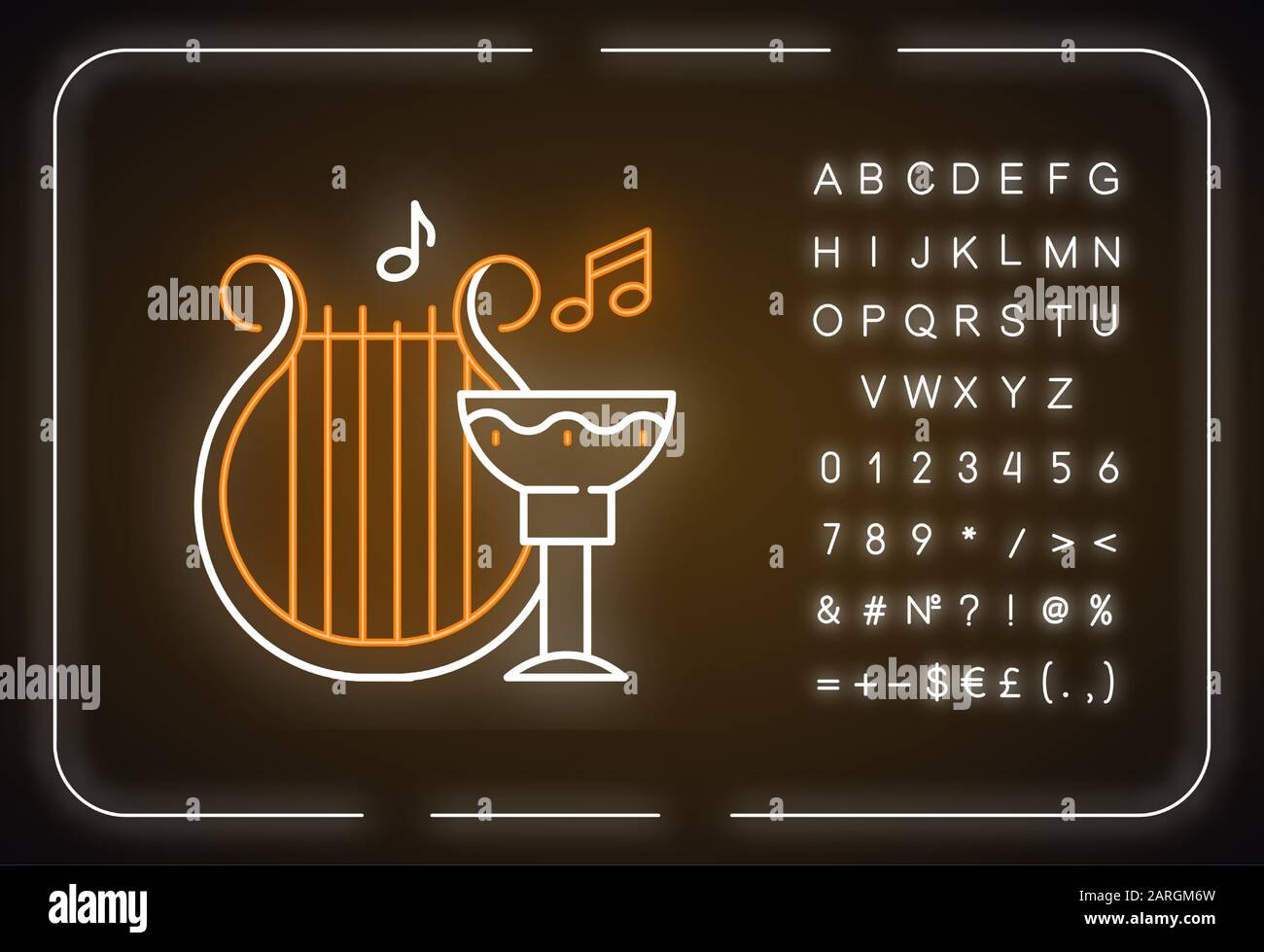 Ancient culture and life neon light icon. Harp melody. Goblet for wine ...