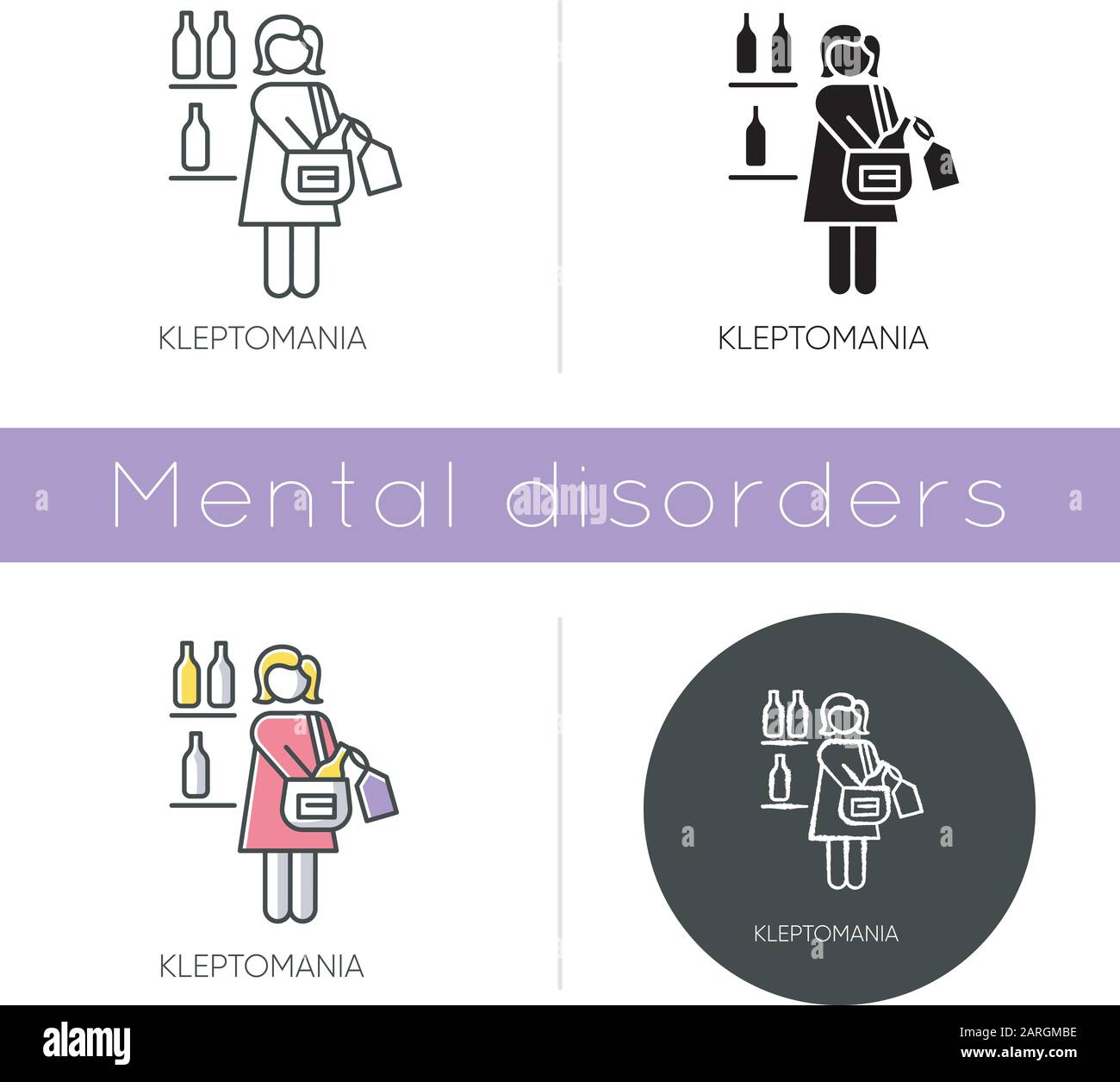 Kleptomania icon. Woman stealing alcohol. Substance abuse. Obsessive ...