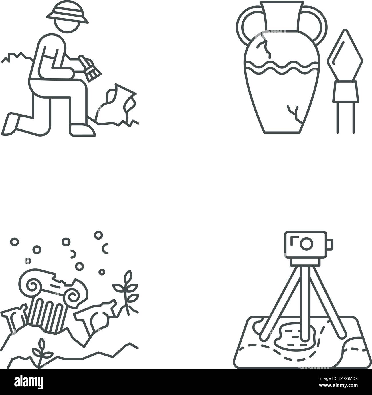 Archeology linear icons set. Excavation. Ancient artifact. Lost cities ...