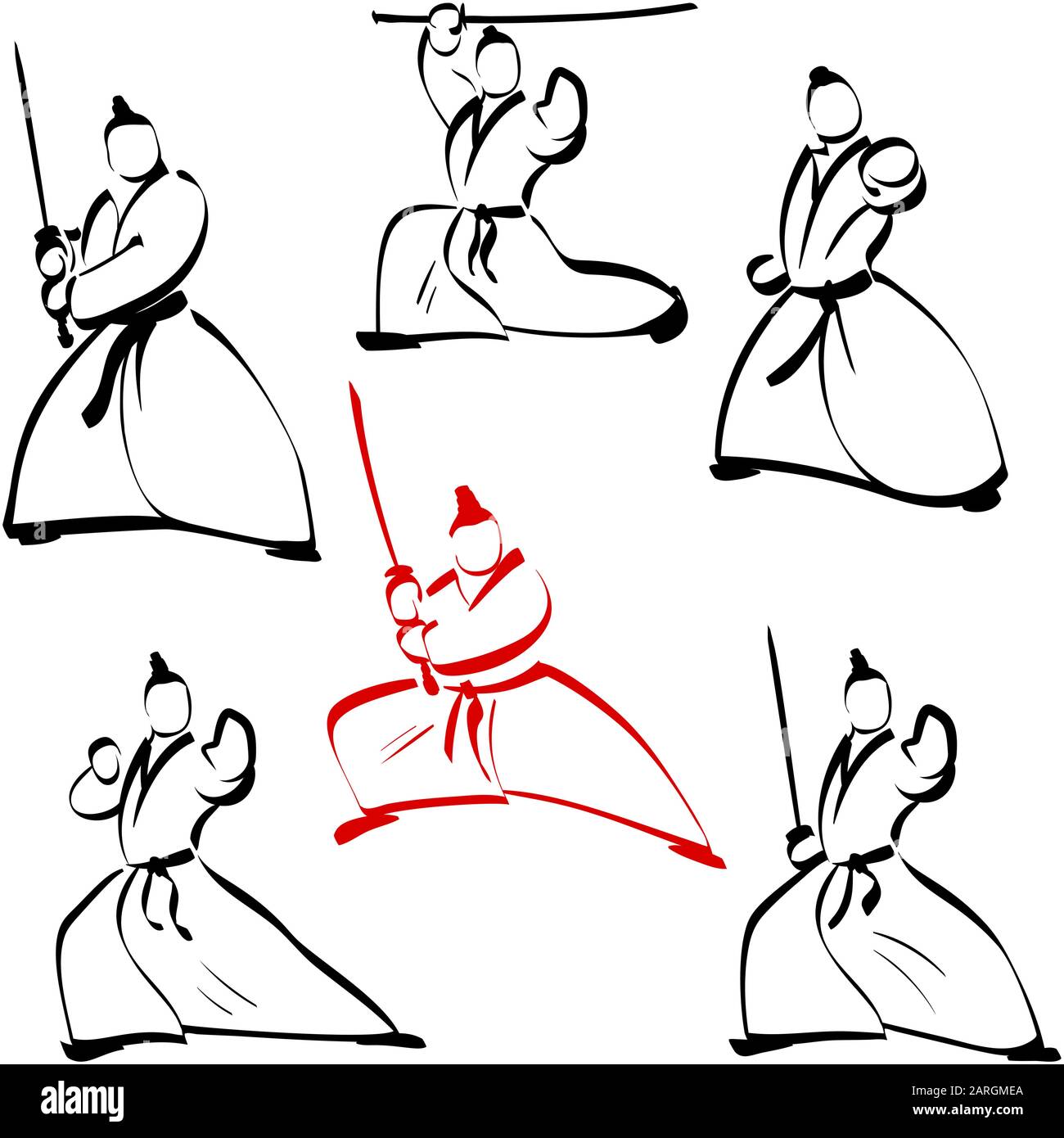 Ninja and samurai practice aikido, karate, holding a katana; Hand ...