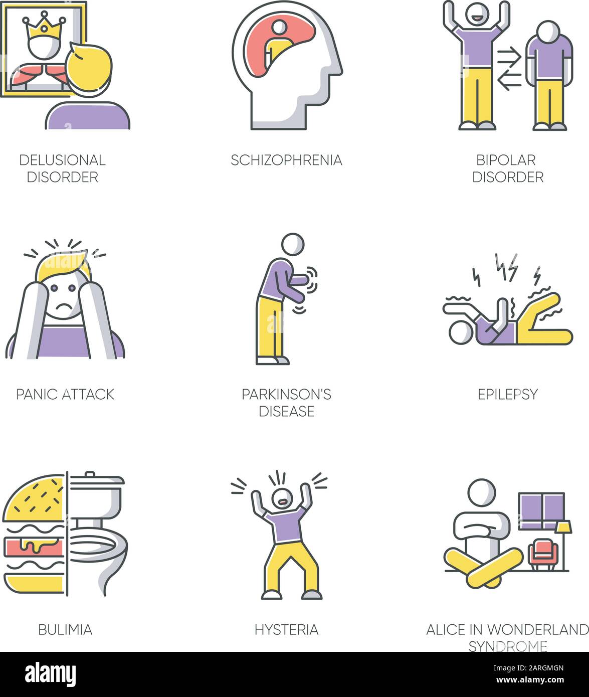Mental disorder color icons set. Delusion and schizophrenia. Bipolar ...