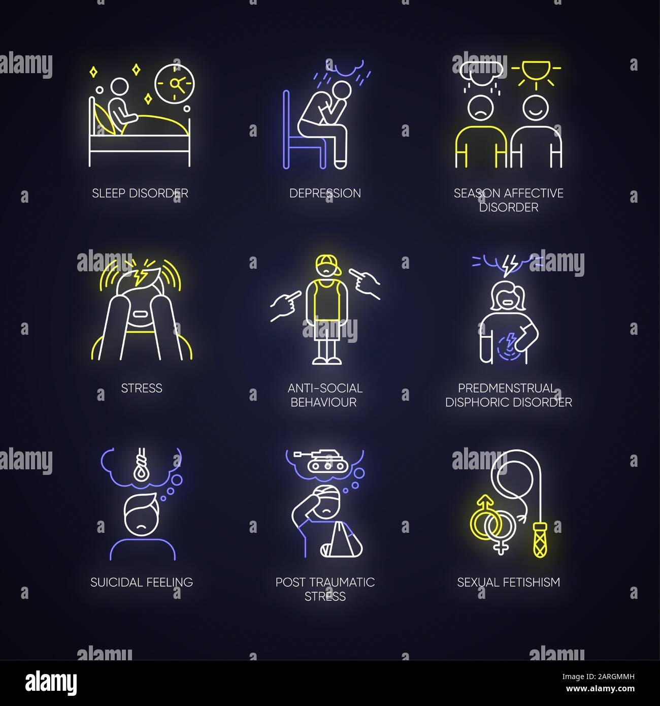 Mental disorder neon light icons set. Depression. Season affective ...