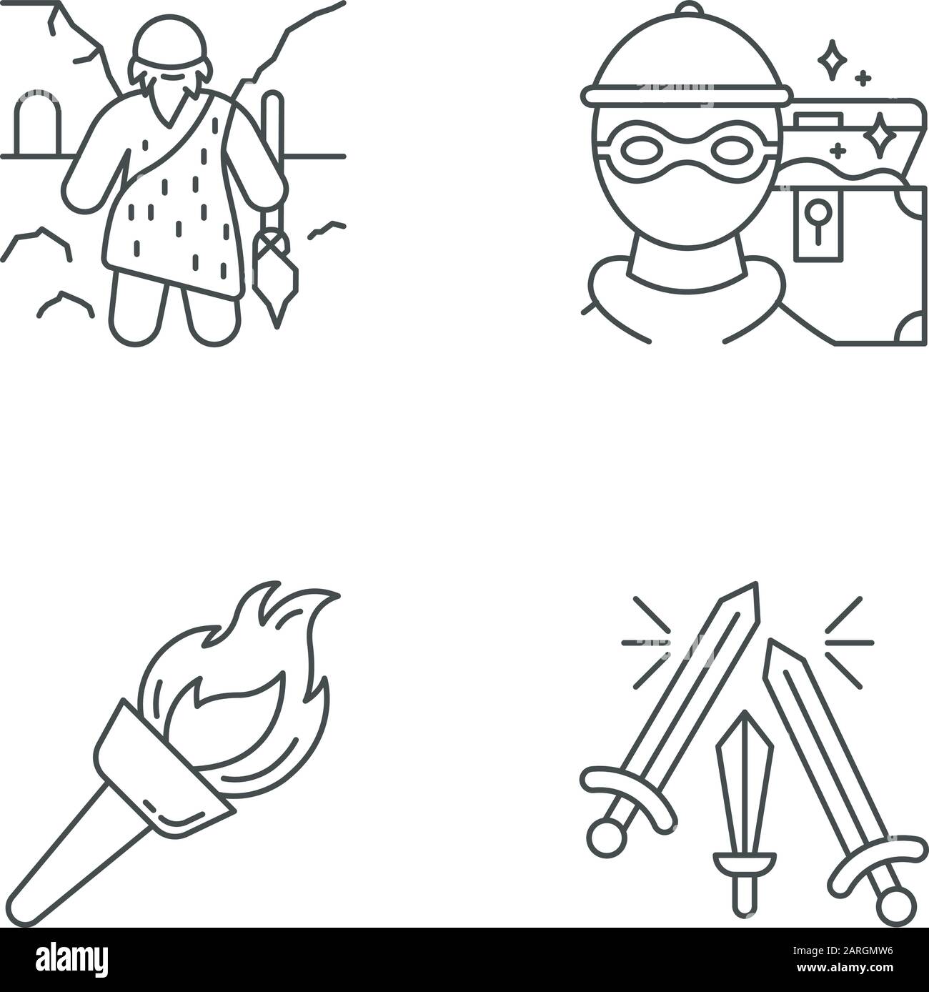 Archeology linear icons set. Prehistoric man. Caveman. Marauding ...