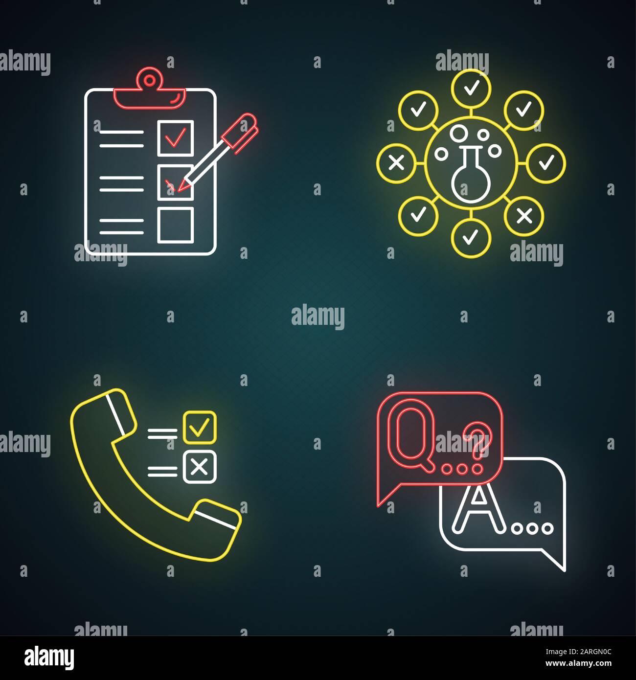 Survey methods neon light icons set. Telephone poll. Chemical analysis ...