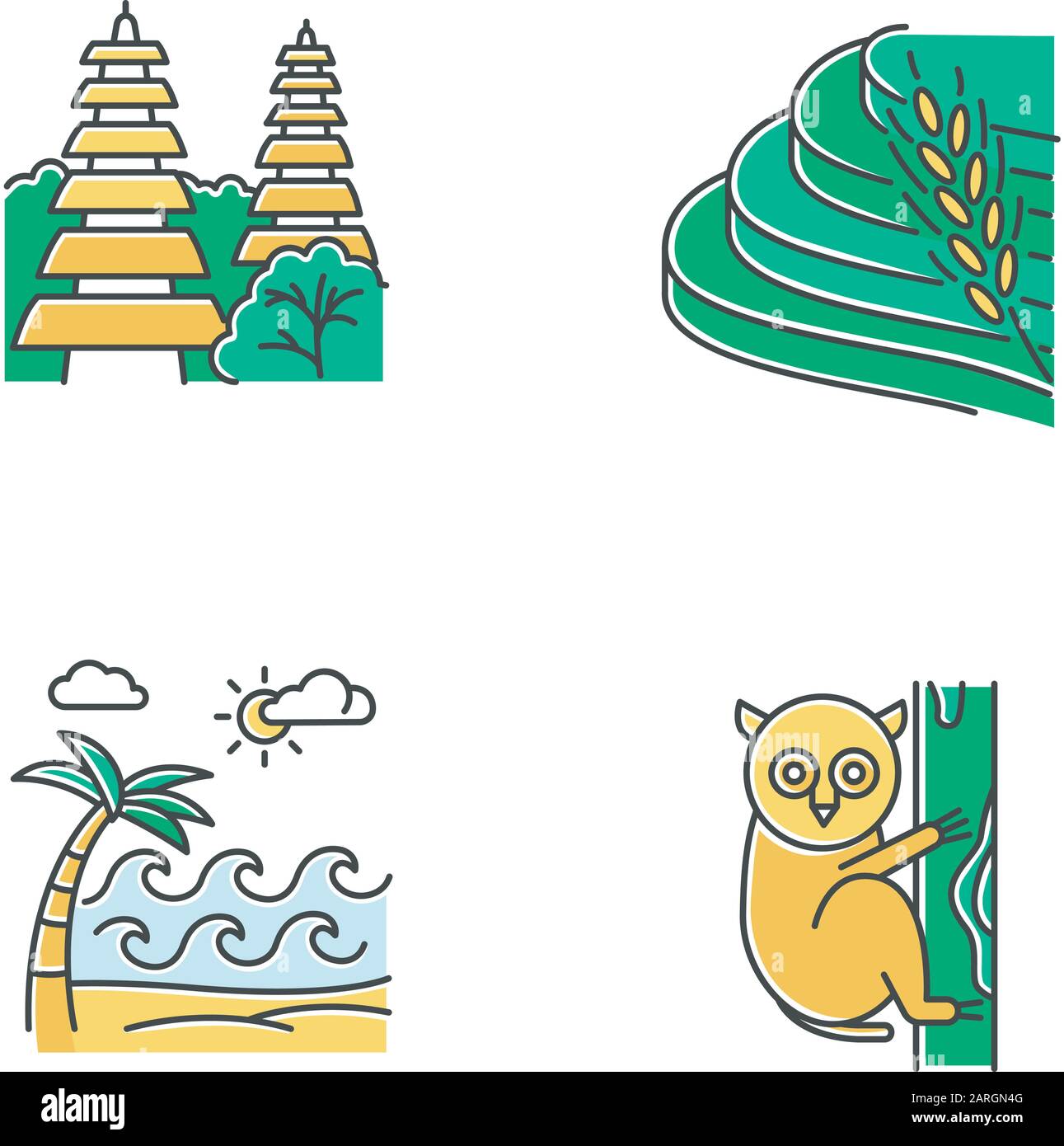 Indonesia color icons set. Tropical country animals. Vacation in ...