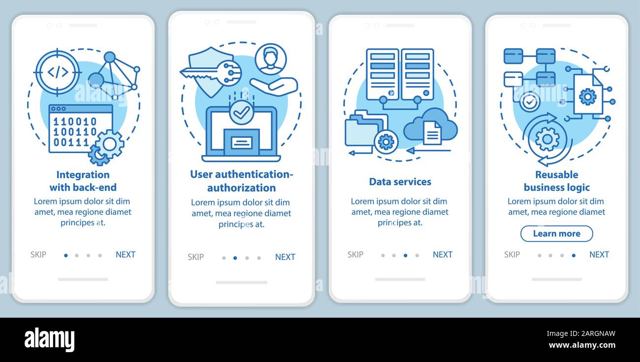 Software development onboarding mobile app page screen vector template. Application programming ...
