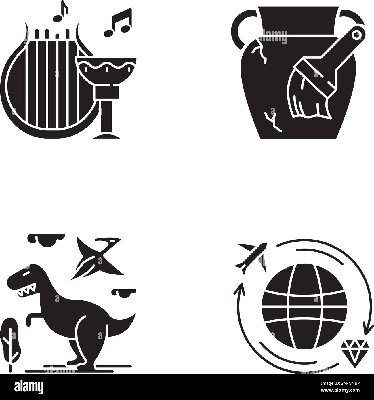 Archeology glyph icons set. Ancient culture. Lyre and goblet. Amphora ...