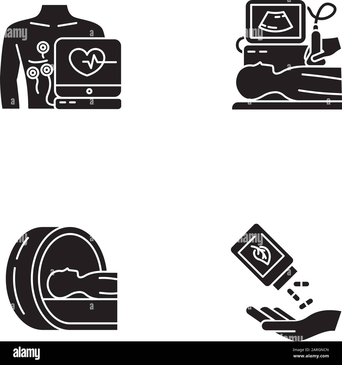 Medical procedure glyph icons set. Electrocardiogram. Ultrasound ...