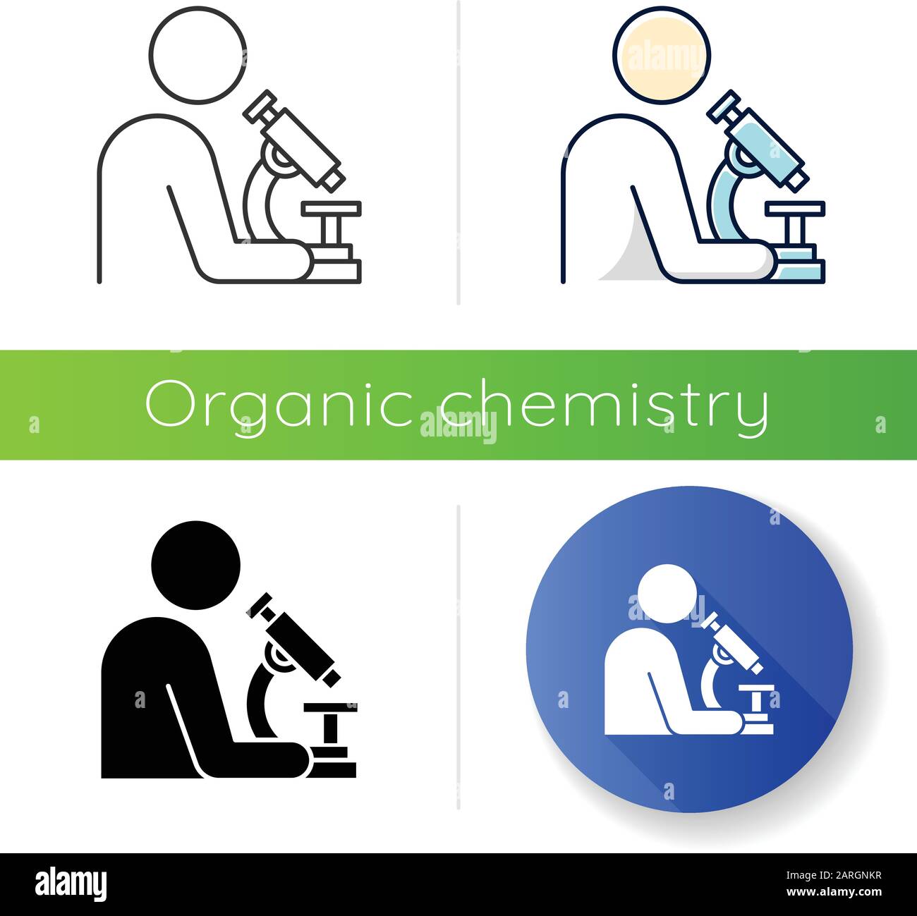 Man with microscope icon. Scientist at work. Organic chemistry ...