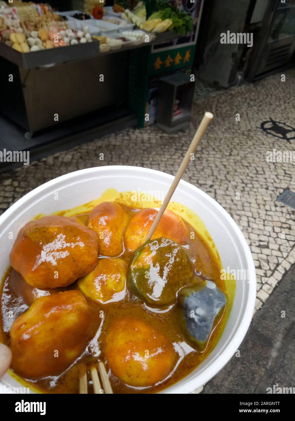 Street Food of Macau, China. Seen in the Old Town with A Chinese soup ...
