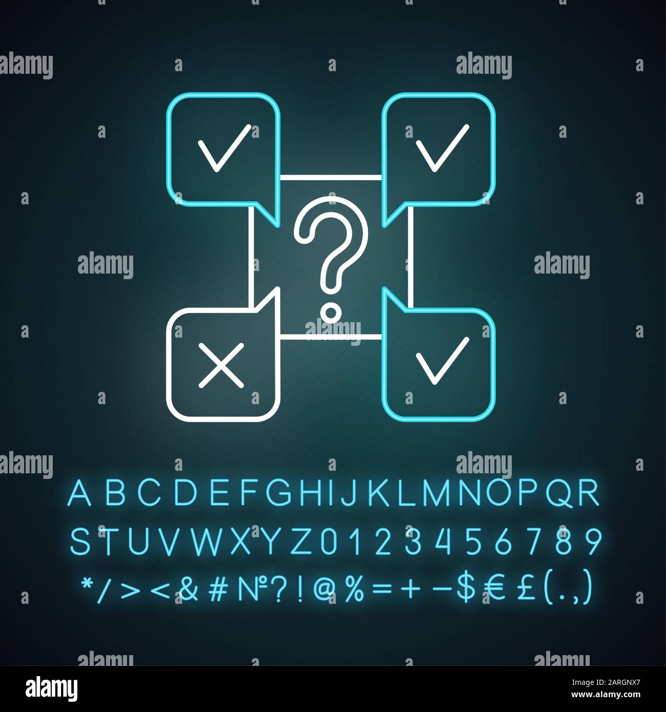 Online survey neon light icon. Questions and answers sign. Correct ...