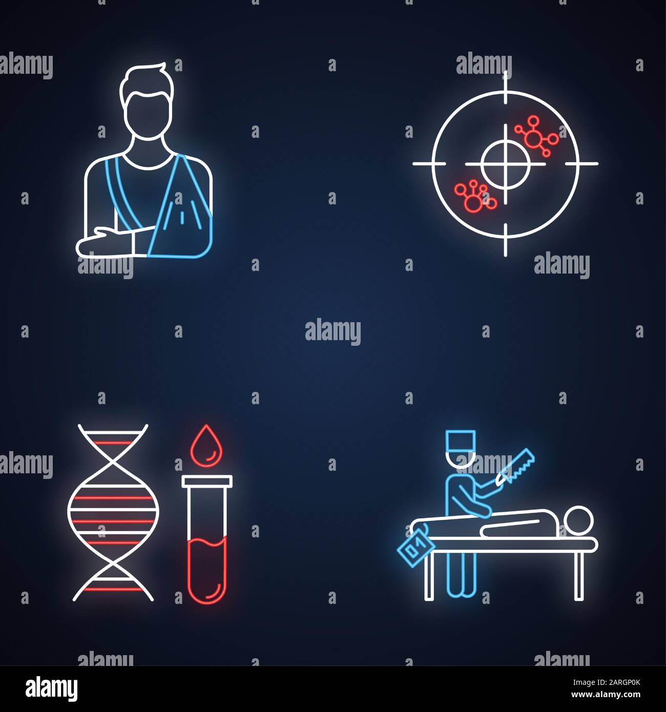 Medical procedure neon light icons set. Orthopedic cast. Fractured bone ...