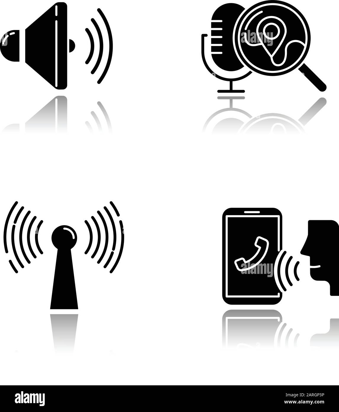 Speech recognizing drop shadow black glyph icons set. Voice control ...